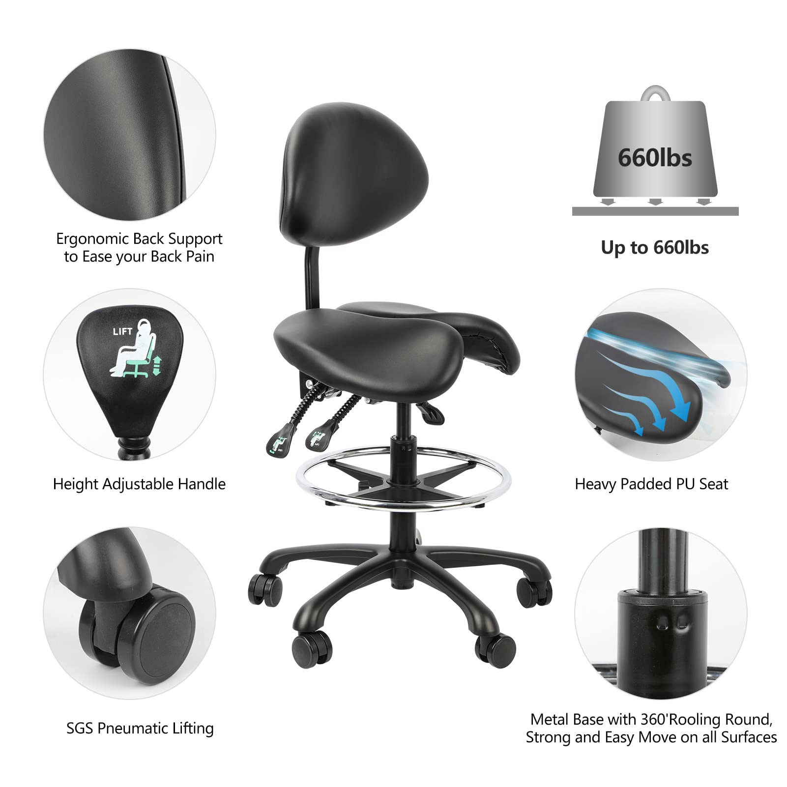 GELTTULU Adjustable Dental Assistant Chair Stool 37.4”-45.3‘’ Height with Adjustable Footring and Heavy Base for Dental Labs Exam Rooms