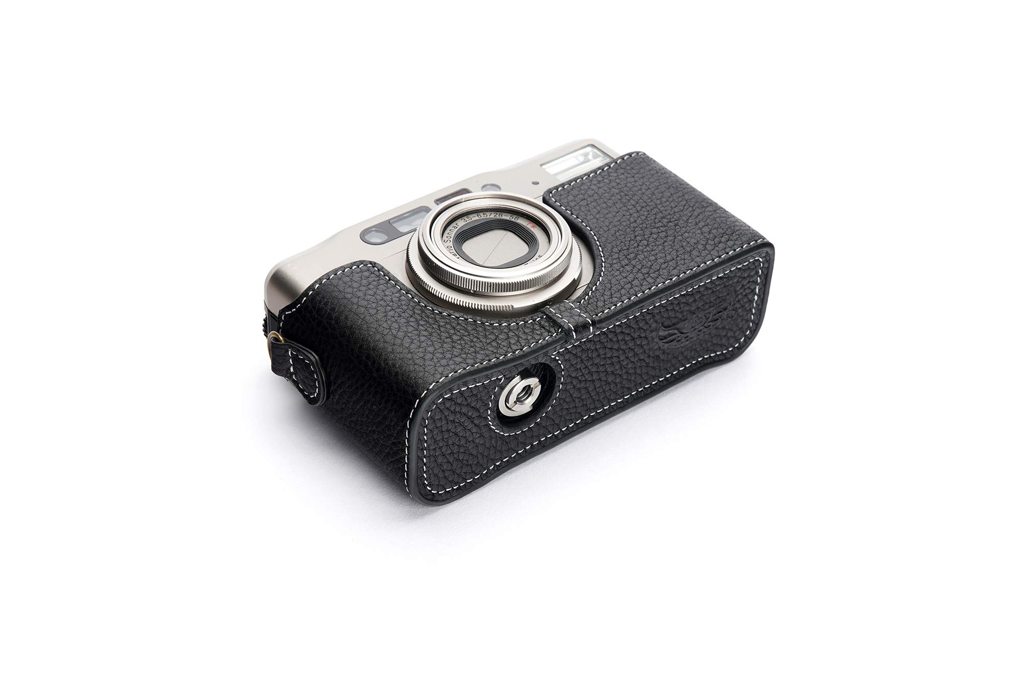 Contax TVS II Case, BolinUS Handmade Genuine Real Leather Half Camera Case Bag Cover for Contax TVS II Camera with Hand Strap (Black)