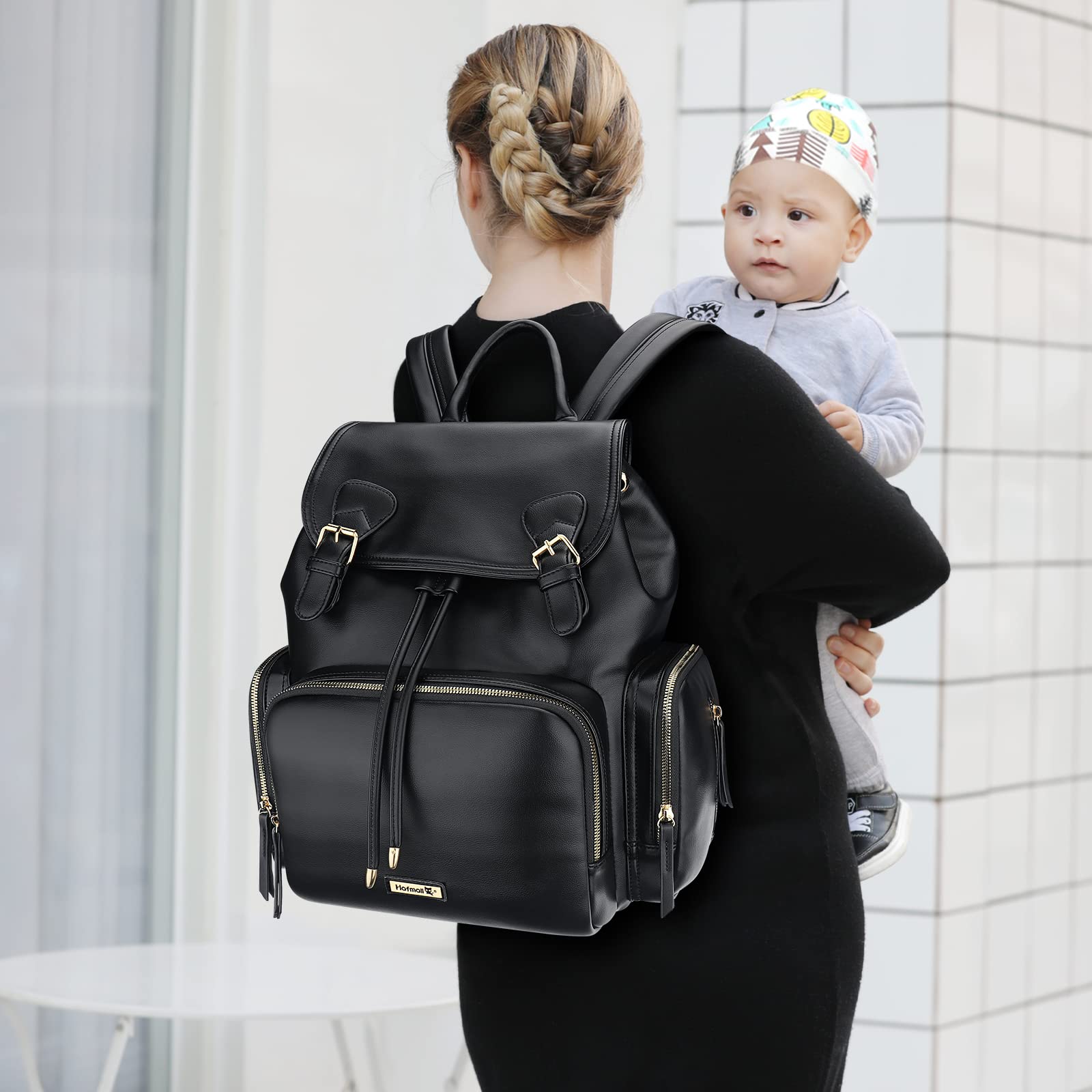 Hafmall Diaper Bag Backpack, Leather Diaper Backpack with 4 Insulated Pockets for Mom Dad, Stylish Baby Bag with Stroller Hooks, Travel Backpack for Mommy, Black Maternity Bag