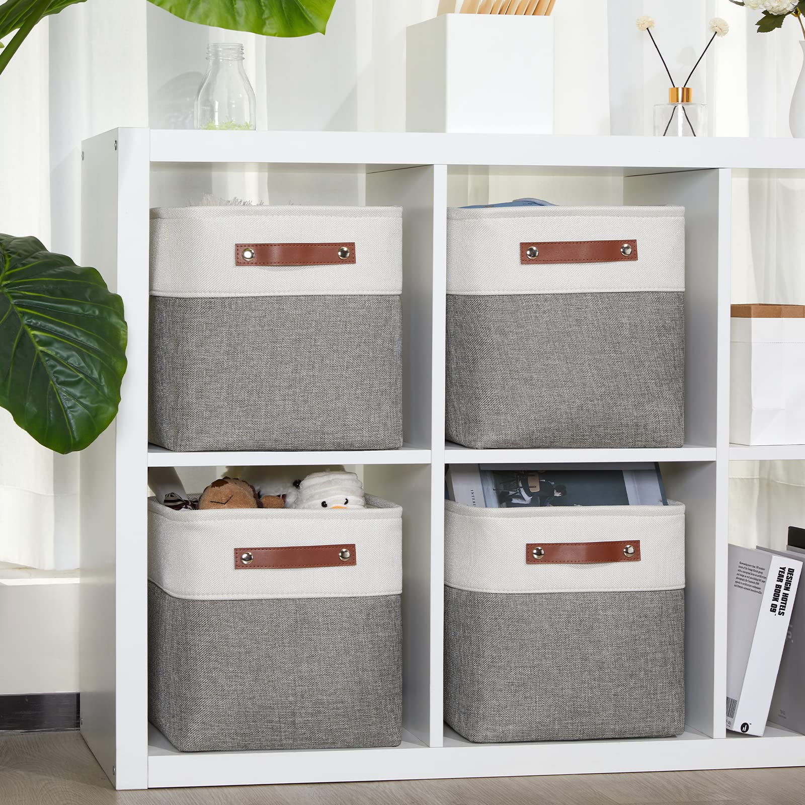 DULLEMELO Collapsible Bundle Baskets 4 Cube Baskets 11"x11"x11" + 6 Small Baskets 11.8"x7.9"x5.1"(White&Grey