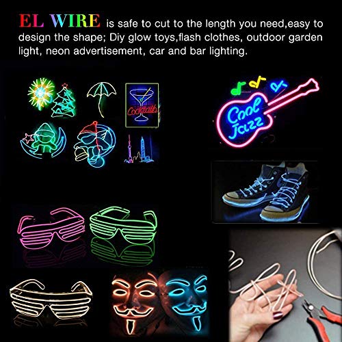 MaxLax EL Wire Portable Set, 9ft Cuttable Battery Pack Neon Glowing Electroluminescent Wire Light kit(Green, Blue, Red, White, Pink) for Halloween Decorations DIY