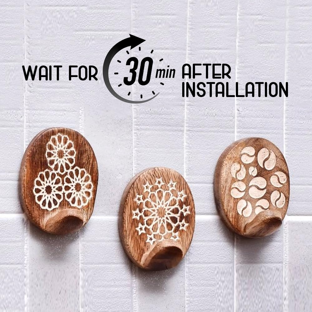 Indian Shelf 6 Pack Wood Wall Hooks- Adhesive Wall Hooks -Decorative Wall Hooks for Hanging- Boho Wall Hooks -Sticky Coat Hooks Wall Mount- Wooden Towel Hooks for Bathroom Wall Mounted- Style 1