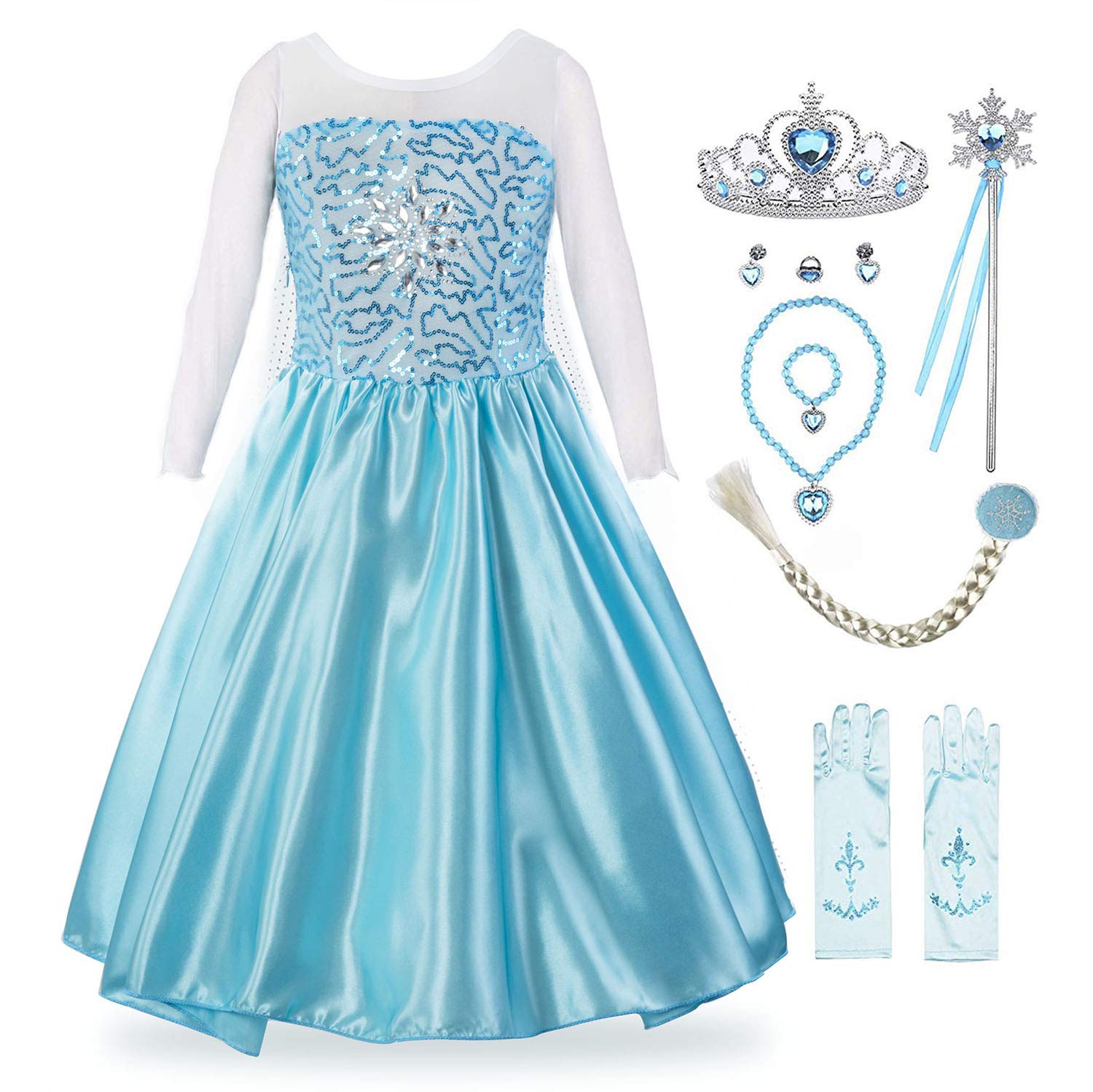 Padete Little Girl Princess Dress Snow Party Queen Halloween Costume Sky Blue with Accessories (7 Years, Sky Blue with Accessories)