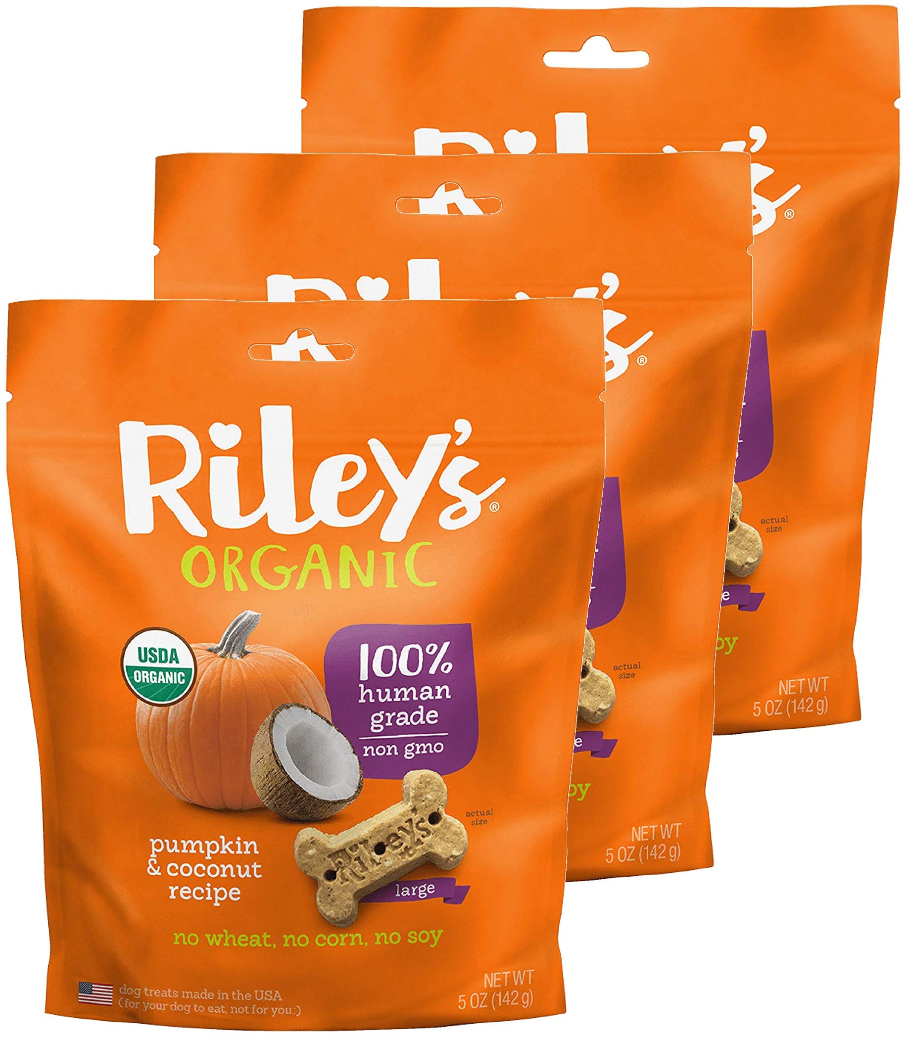Riley's Organics Pumpkin & Coconut Large Bone Dog Treats 3 Pack 5 oz