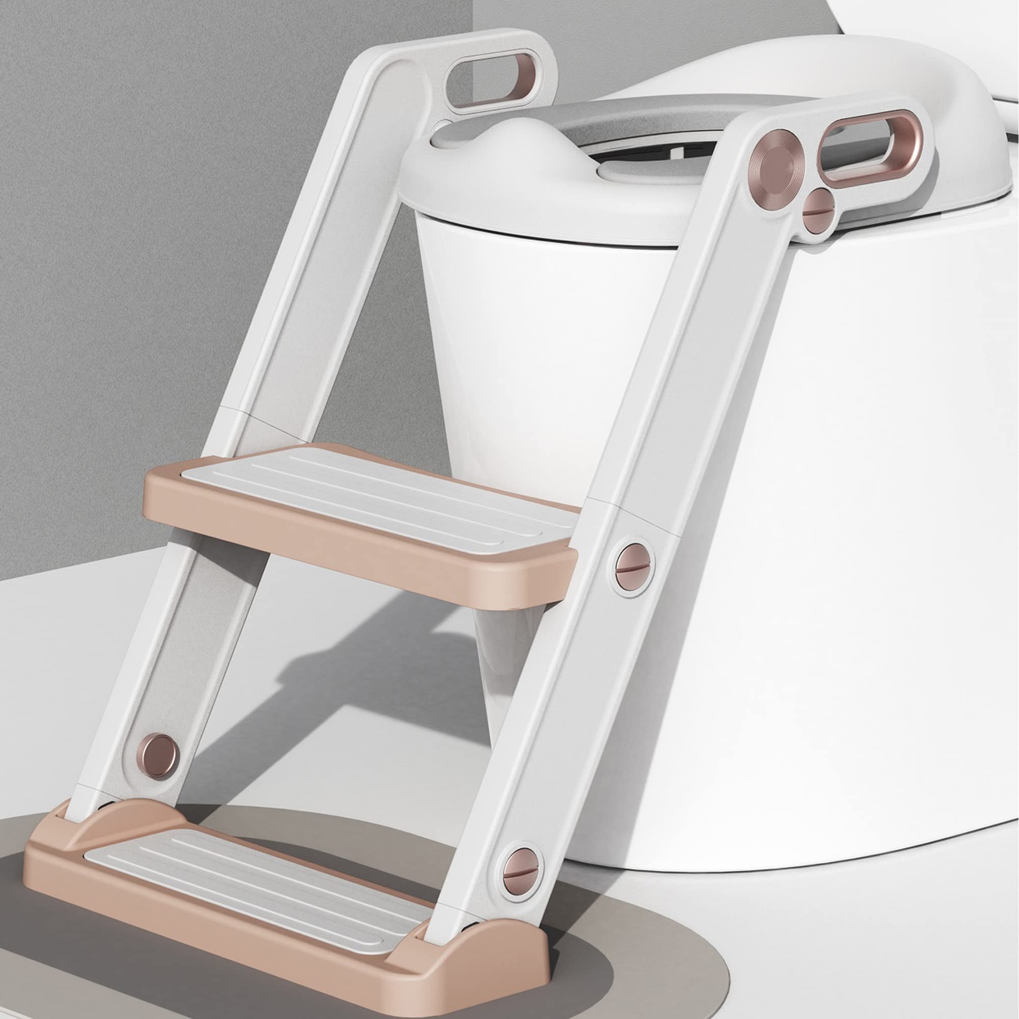 fefe | Baby Potty Training Seat with Step stool Ladder | Folding Child Toilet Seat | Non-slip Pads | Comfortable Washable Soft Cushion | Splash Guard and Safety Handles | White