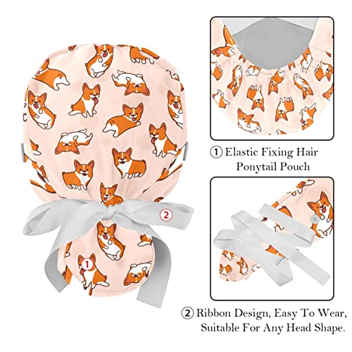 Pink Corgis Dog Scrub Hats for Women Long Hair, Working Cap with Button & Sweatband, Unisex Tie Back Hats 2 Packs