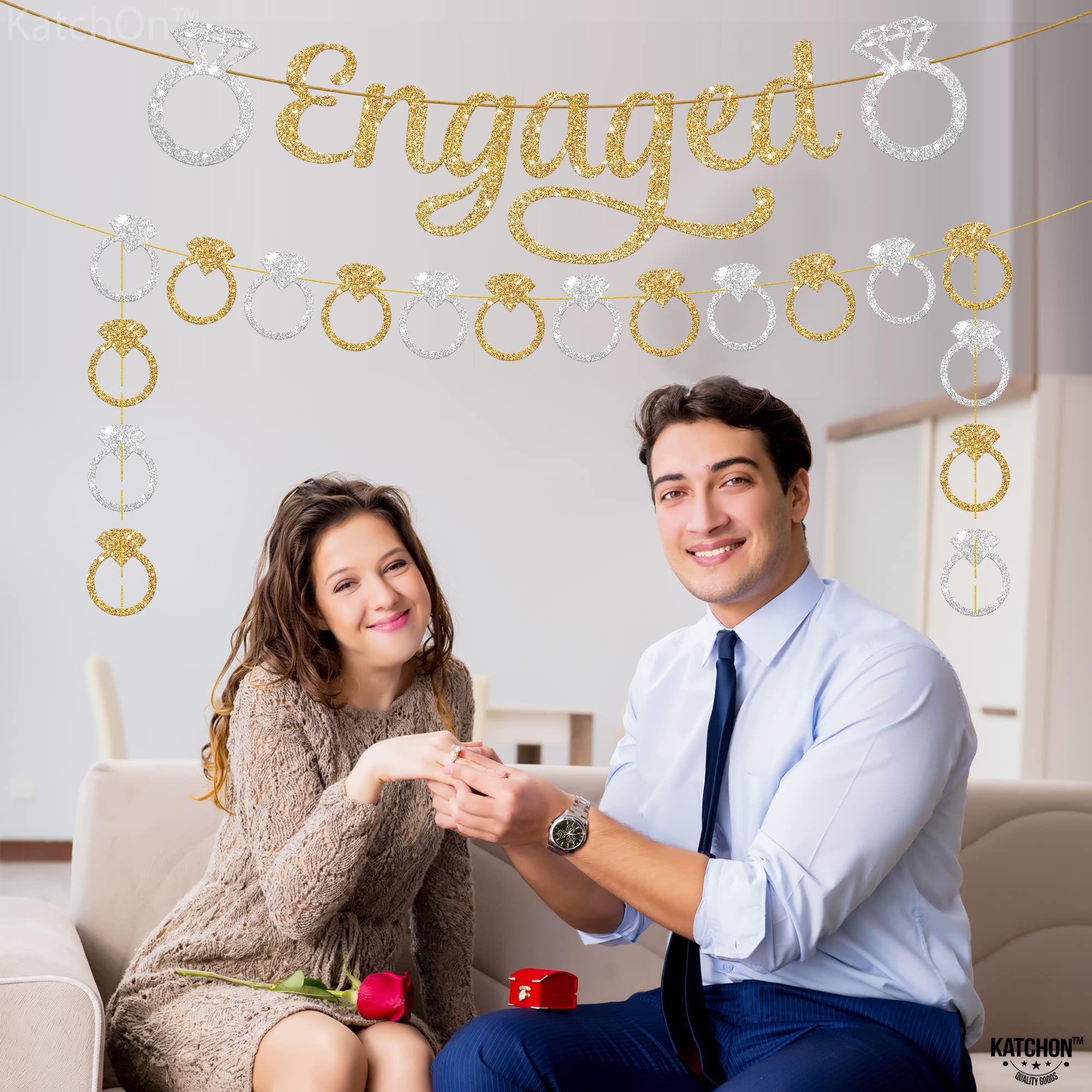 KatchOn, Pre-Strung Gold and Silver Glitter Engaged Banner - 2 String, 10 Feet, No DIY | Engagement Party Decorations | Engagement Banner for Bachelorette Party Decorations, Engagement Decorations