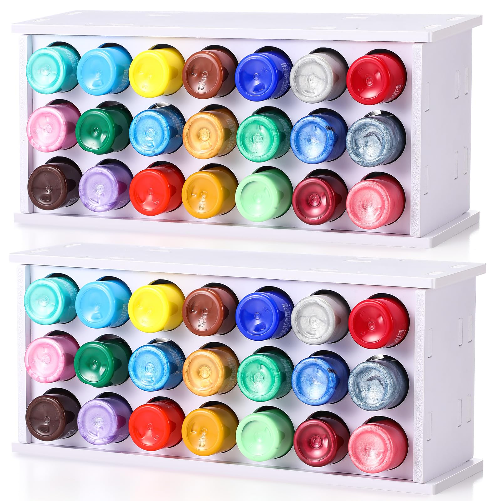 Hicarer 2 Pcs 21 Holes Craft Paint Storage Organizer Vertical Paint Rack Stand Paint Storage Containers Wall Mounted Paint Holder Removable Paint Organizer Box for 2oz Paint Bottle Art Supplies