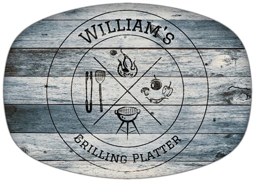 Just So Posh Personalized Faux Wood Grain Plastic Platter - BBQ - Bluewash Wood
