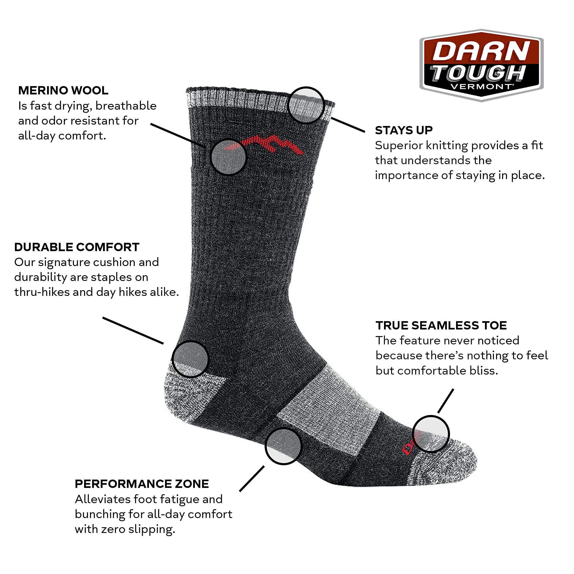 Darn Tough Men's Hiker Book Sock Full Cushion (Style 1405) Merino Wool, Black (X-Large 12.5-14.5) - 6 Pack