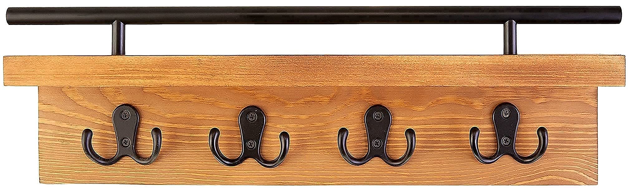 Ripple Creek Mail and Key Holder for Wall, Decorative Wooden Wall Shelf with Hooks, Wall Mounted Coat Rack with Shelf, Keys Organizer, Entryway Hooks with Home Bathroom Kitchen (Light Brown, Large)