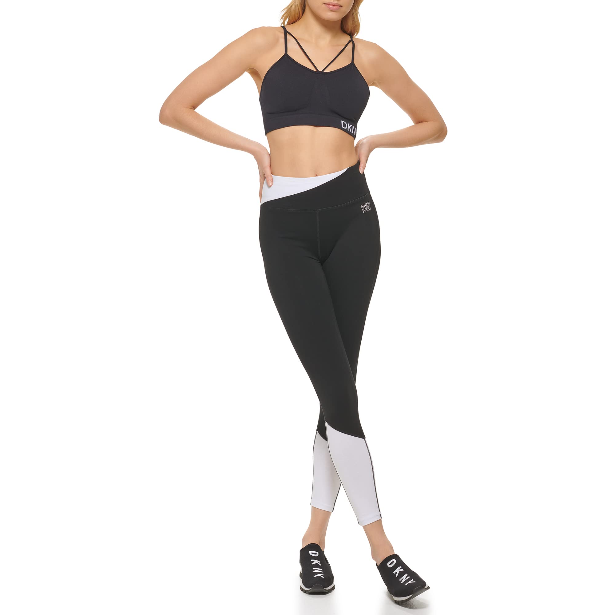 DKNY Women's Sport Tummy Control Workout Yoga Leggings, Black/White, X-Large