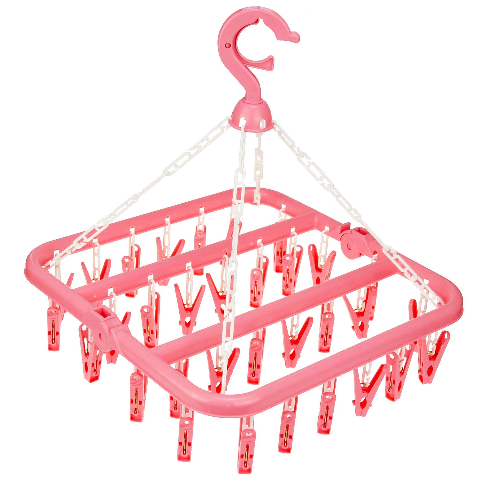 Rivama Clothes Drying Hanger with 32 Clips,Baby Clothes Drying Rack,Sock Clips for Laundry Foldable Clothes Hangers for Drying Socks,Towels,Underwear,Bras,Diapers,Baby Clothes,Gloves,Hats (Pink)