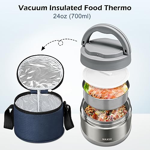 MAXSO Soup Thermos for Hot Food - 24 oz Vacuum Insulated Lunch Container with Foldable Spoon & Thermal Bag, Wide Mouth Bento Box for Adults (Silver)