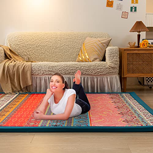 MAXYOYO Bohemian Style Area Rug Living Room Carpet, Thick Memory Foam Tatami Mat Japanese Carpet with Non-Slip Backing, 4.9 ft x 6.6 ft Large Floor Rug Mat for Bedroom
