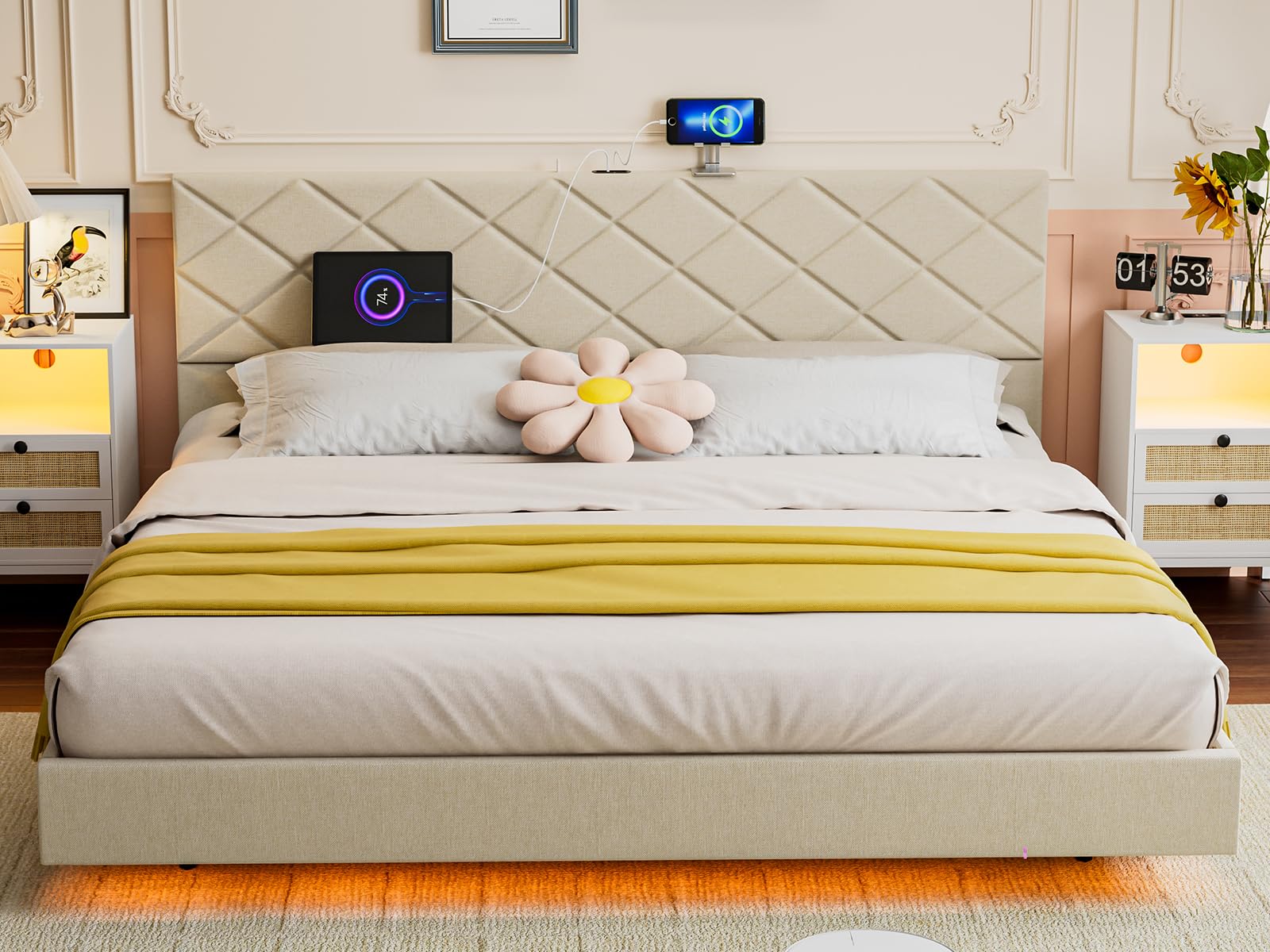 IKIFLY Floating Bed Frame Full Size with 2 USB Ports - Modern Upholstered Linen Full Platform Bed with LED Lights, No Box Spring Needed, Solid Wood Slats, Easy Assembly - Beige