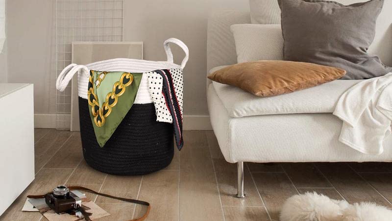 Handwoven Round Rope Basket with Handle made from Recycled Cotton, 11.81 x 11.81 x 11.81 inches Round Storage Baskets for Towel, Toys, Diaper, Foldable Laundry Basket, Black White