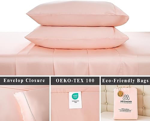 MEISHANG Bamboo Sheet Set Queen Size - 100% Pure Organic Viscose - 400TC Bamboo Cooling Bed Sheets Set - Fit 16 Inch Deep Pocket - 4 Piece Set Silky Soft Luxury - Queen, Light Pink