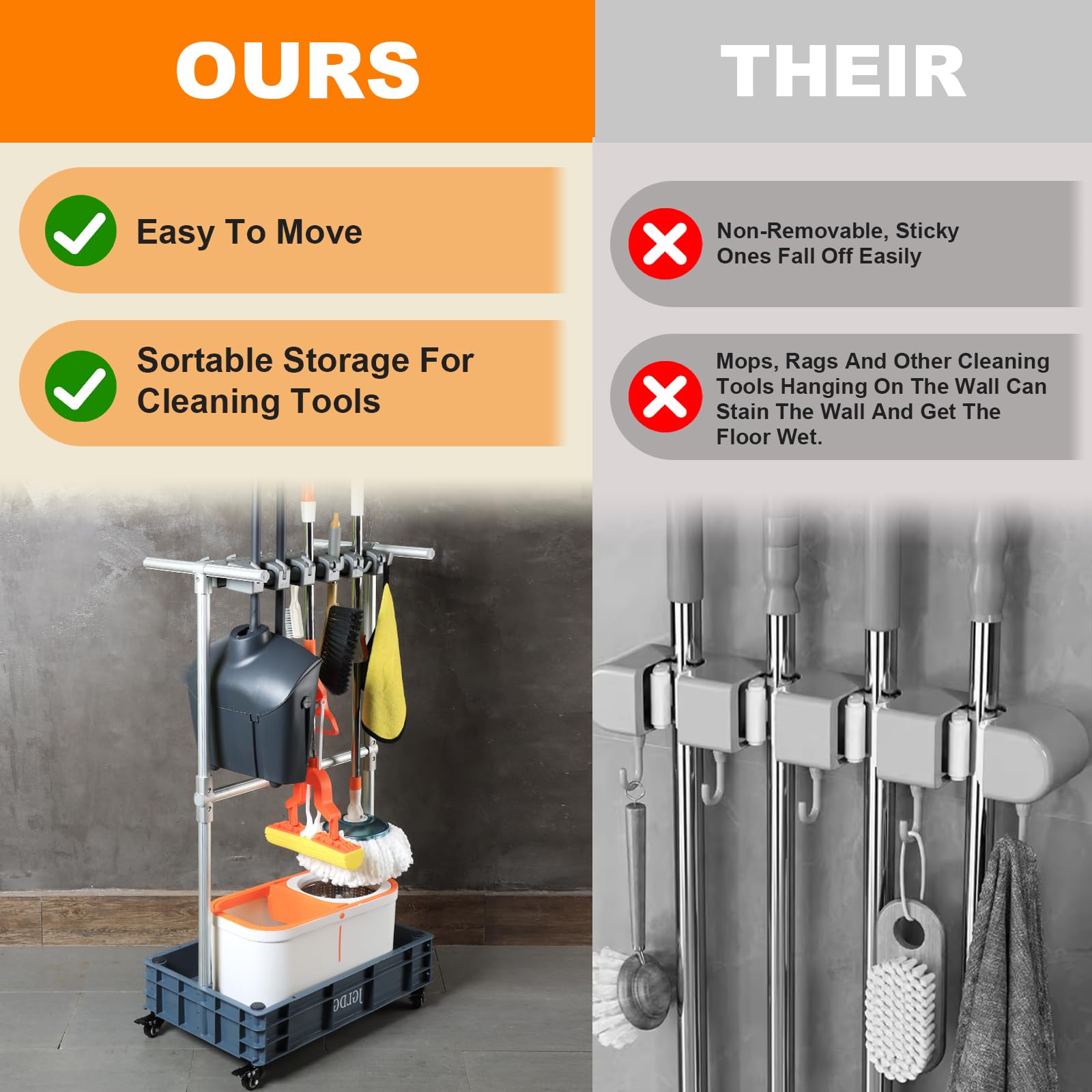 JGLDG Mobile Mop and Broom Holder,Efficient Storage Solution for Cleaning Tools Keep Your Tools Handy and Organized
