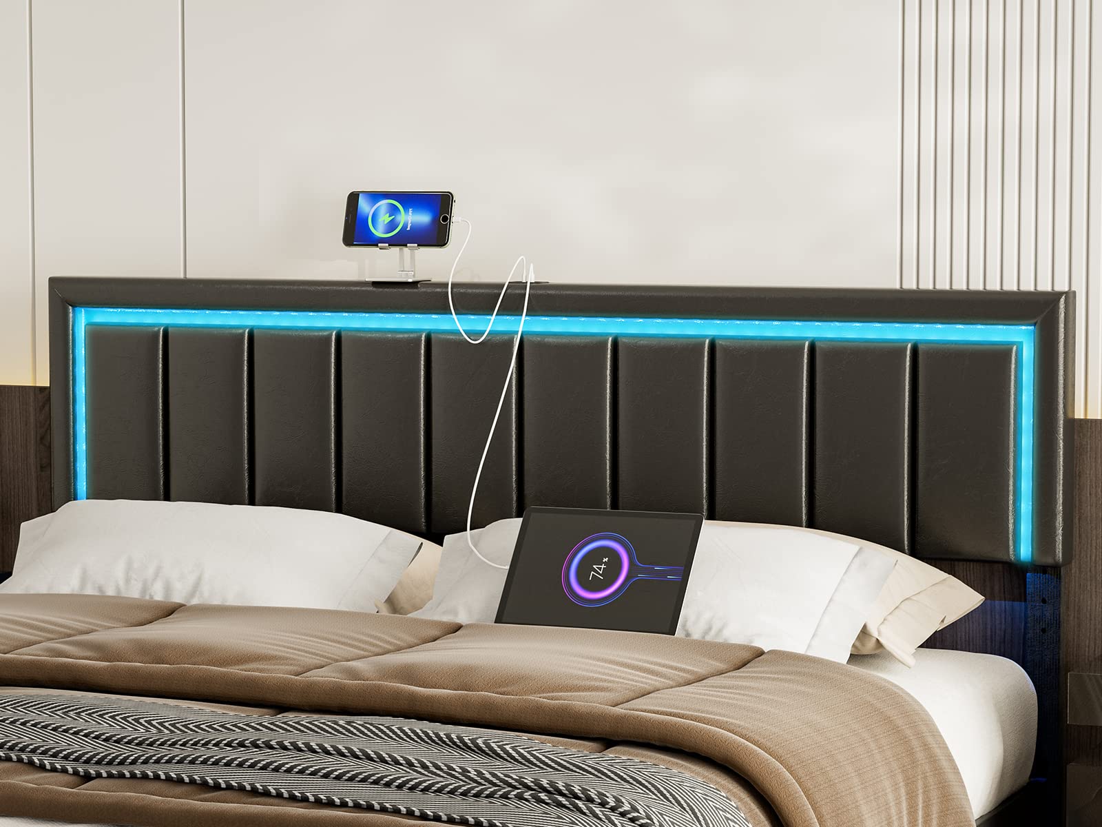 IKIFLY King Size LED Headboard with 2 USB Ports, Adjustable Height - Modern Faux Leather Headboard with Changing LED Lights - Easy Assembly, Upholstered King Headboard Only for Bedroom - Black