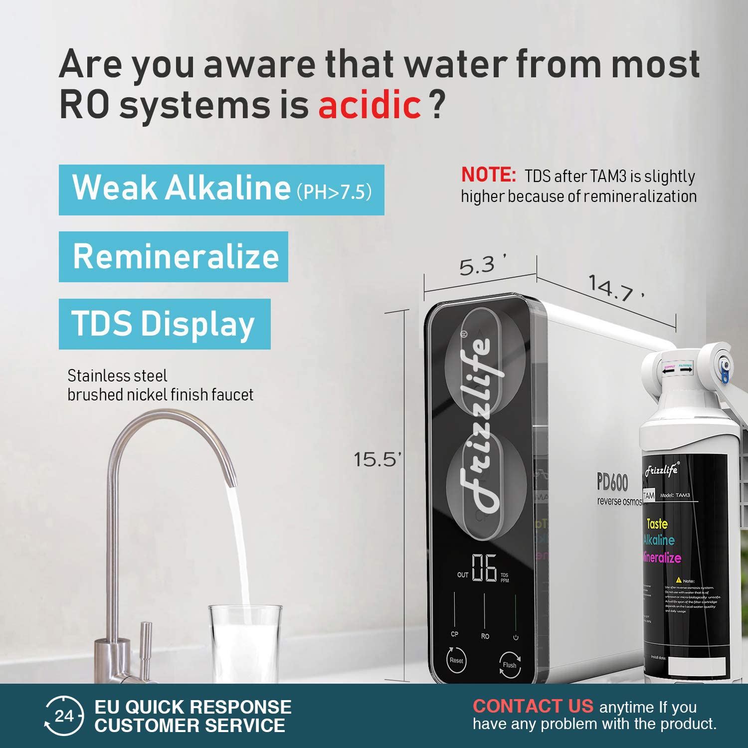 Frizzlife RO Reverse Osmosis Water Filtration System - 600 GPD High Flow, Tankless, Reduce TDS, Compact, Alkaline Mineral PH, 1.5:1 Drain Ratio, PD600-TAM3, with Two Years Replacement Filtersā¦