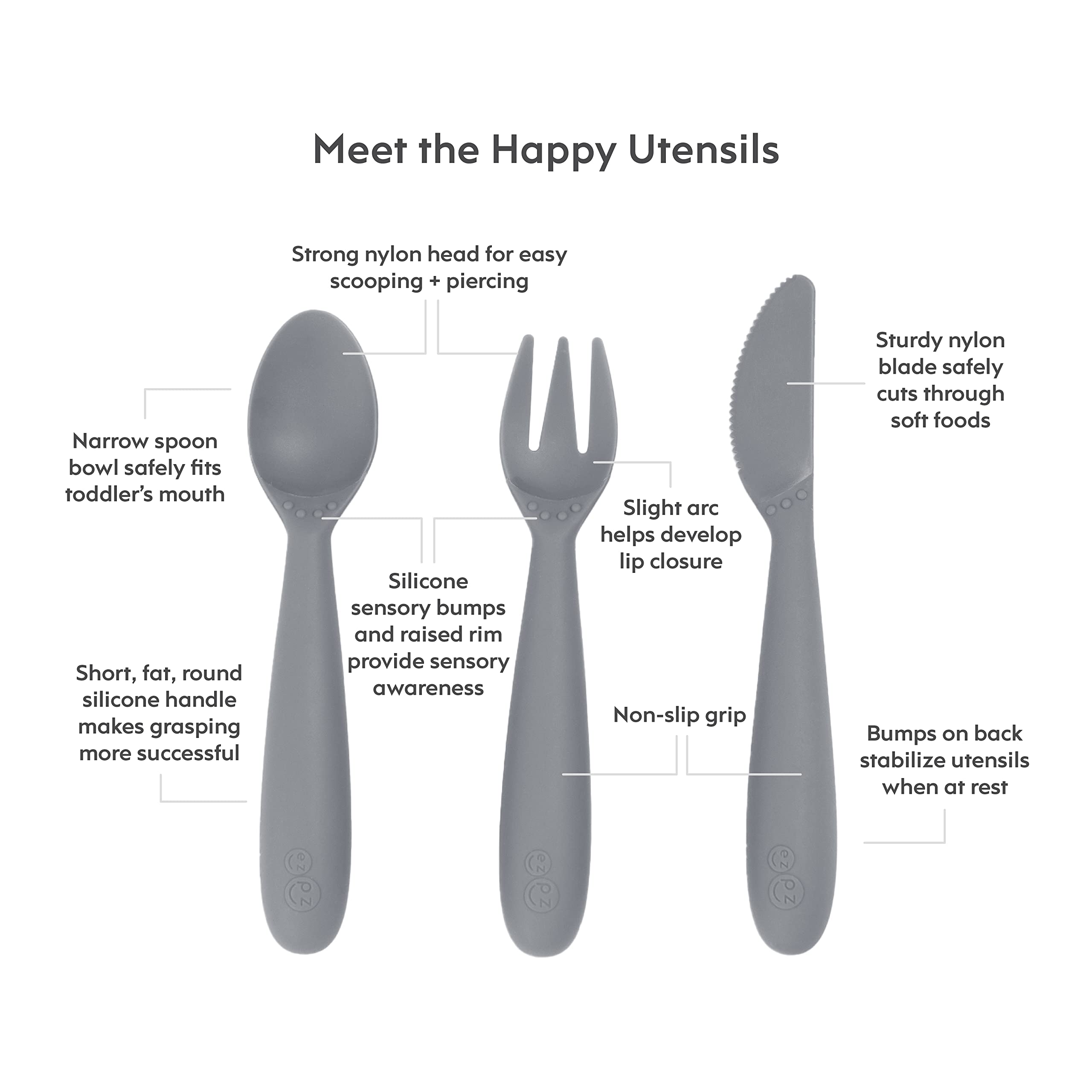 ezpz Happy Utensils - 100% BPA Free Fork, Spoon & Knife for Toddlers + Preschoolers + Self-Feeding - Designed by a Pediatric Feeding Specialist - 24 Months+ (Gray)