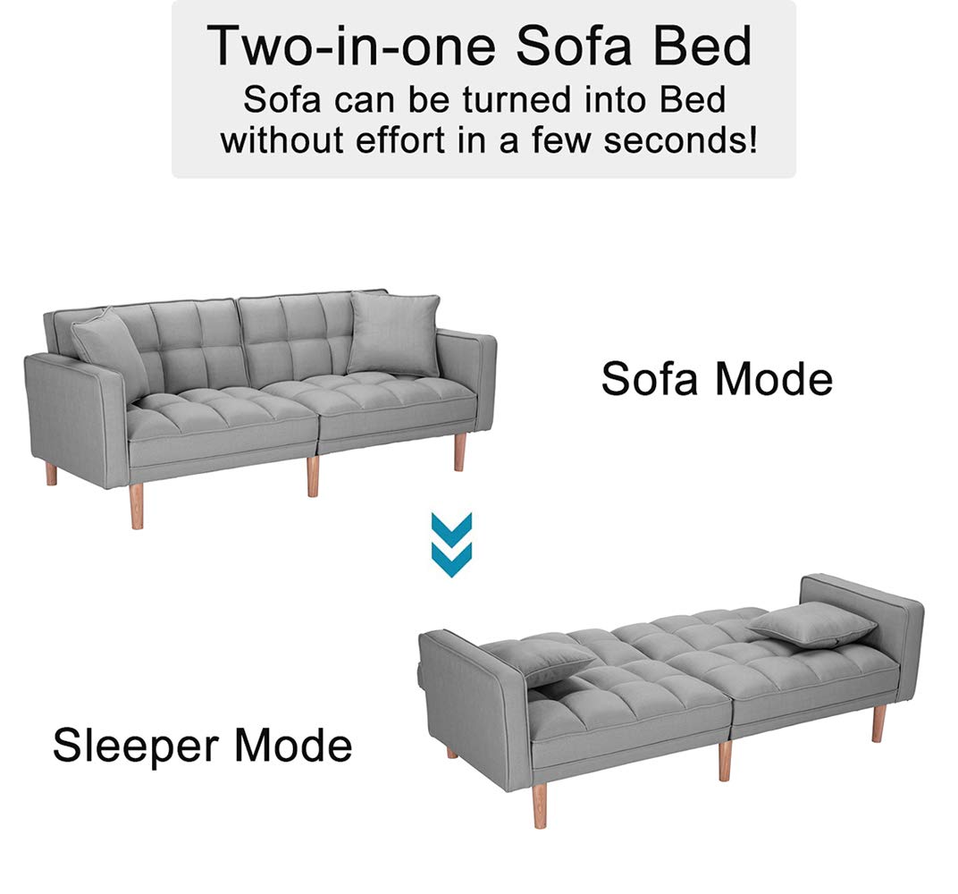 SLEERWAY Modern Futon Sofa Bed, Convertible Sleeper Sofa with Armrests and 2 Pillows, Recliner Couch with 5 Solid Wooden Legs, Twin Size Sofa for Living Room Handpicked Fabric (Light Grey)