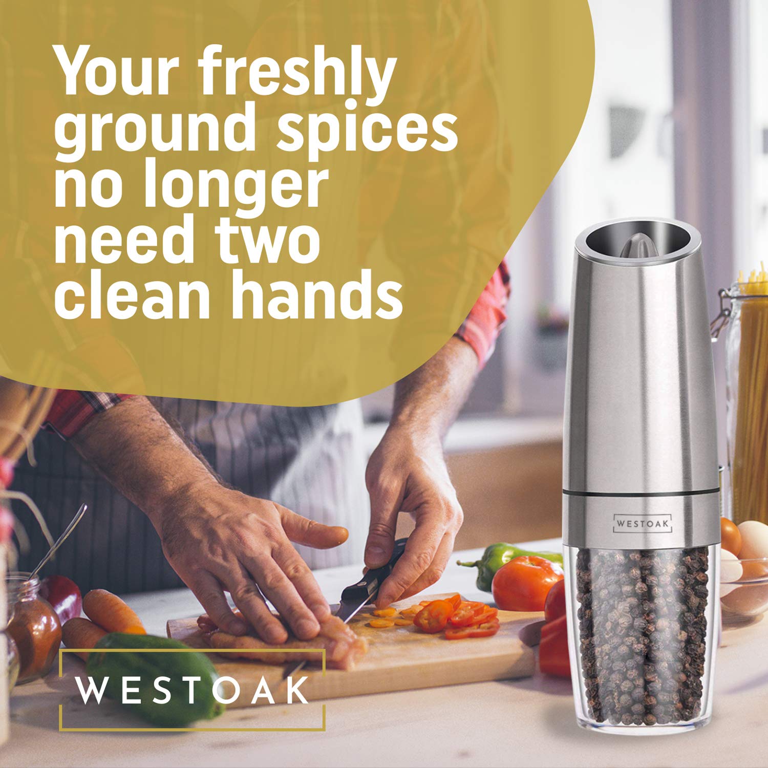 Gravity Electric Pepper Grinder or Salt Mill | White LED Light | Easy One-Handed Automatic Use | Battery Powered | Adjustable Coarseness | Brushed Stainless Steel | By Westoak