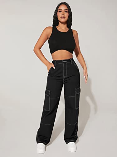 MakeMeChic Women's Cargo Jeans High Waist Flap Pocket Straight Leg Denim Pants Black Petite Petite M