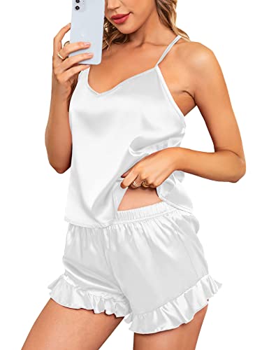 Senert Women Silk Pjs Set Lingerie Racerback Cami Tops Ruffled Shorts Sets Pajamas for Women White,M