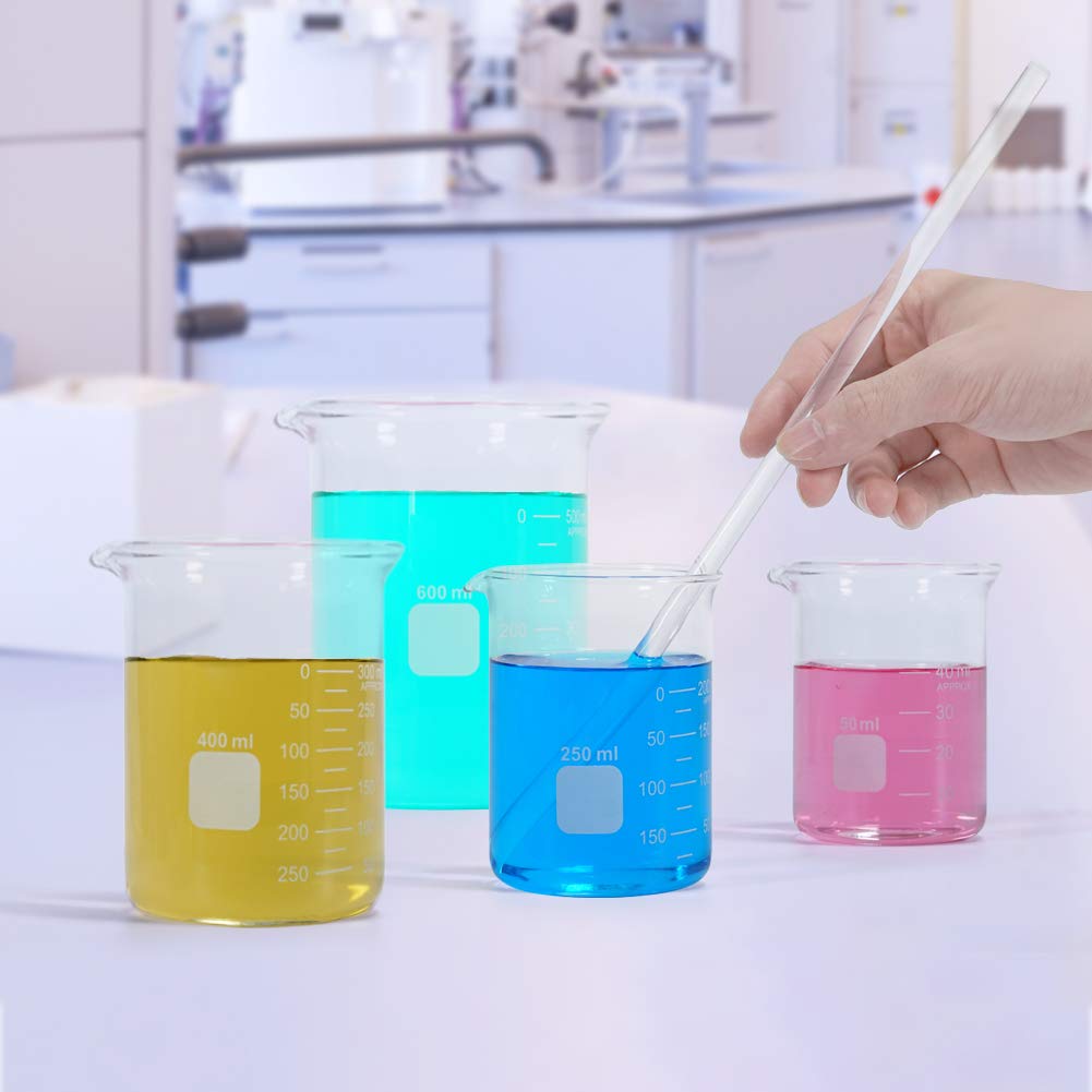Glass Measuring Low Form Beaker Set and 9pcs Glass Stir Sticks Glass Stirring Rod