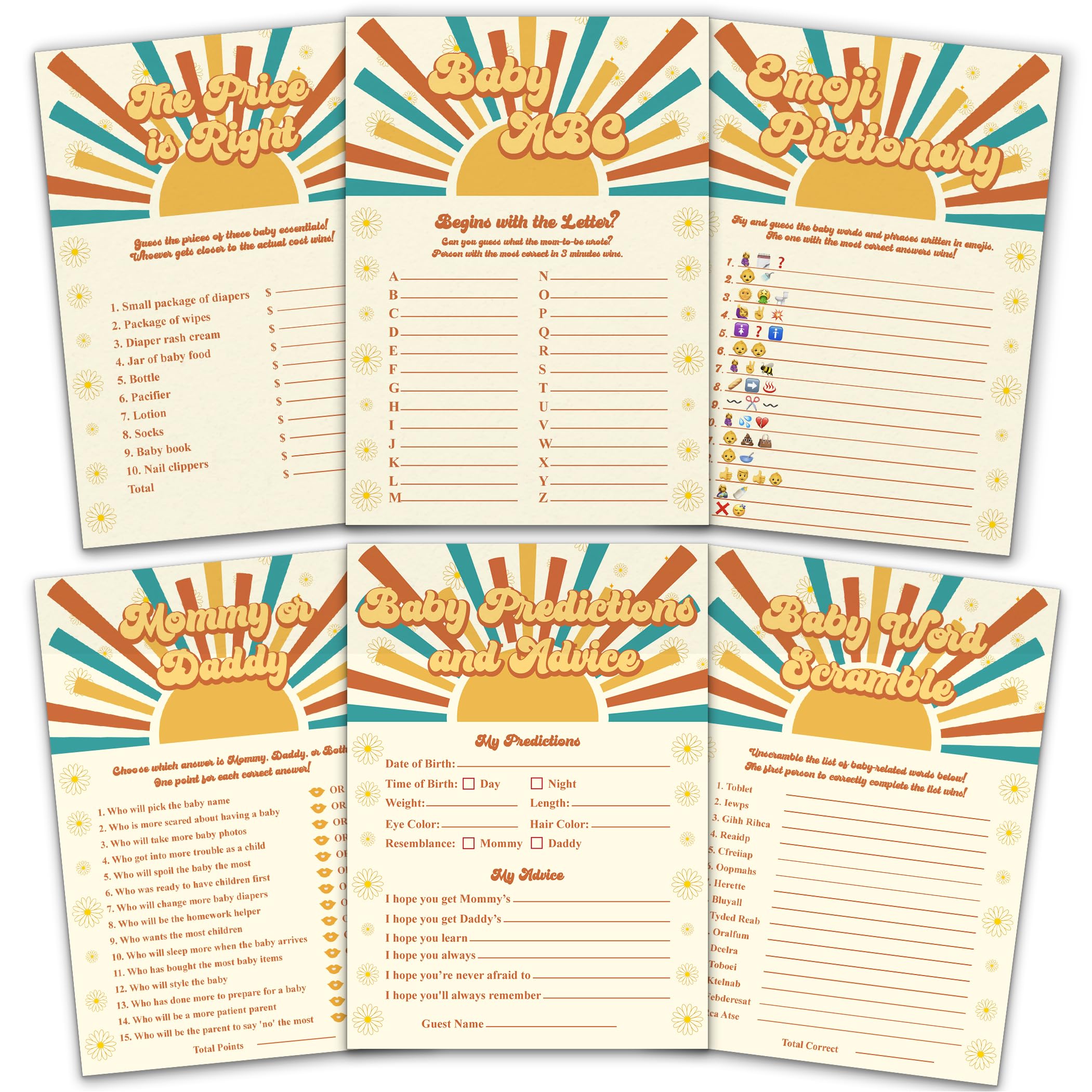 Here Comes the Son Baby Shower Decorations and Games - 6 Baby Shower Games, 25 each - Baby ABC, Baby Predictions and Advice, Baby Word Scramble, Emoji Pictionary, Mommy or Daddy, The Price is Right