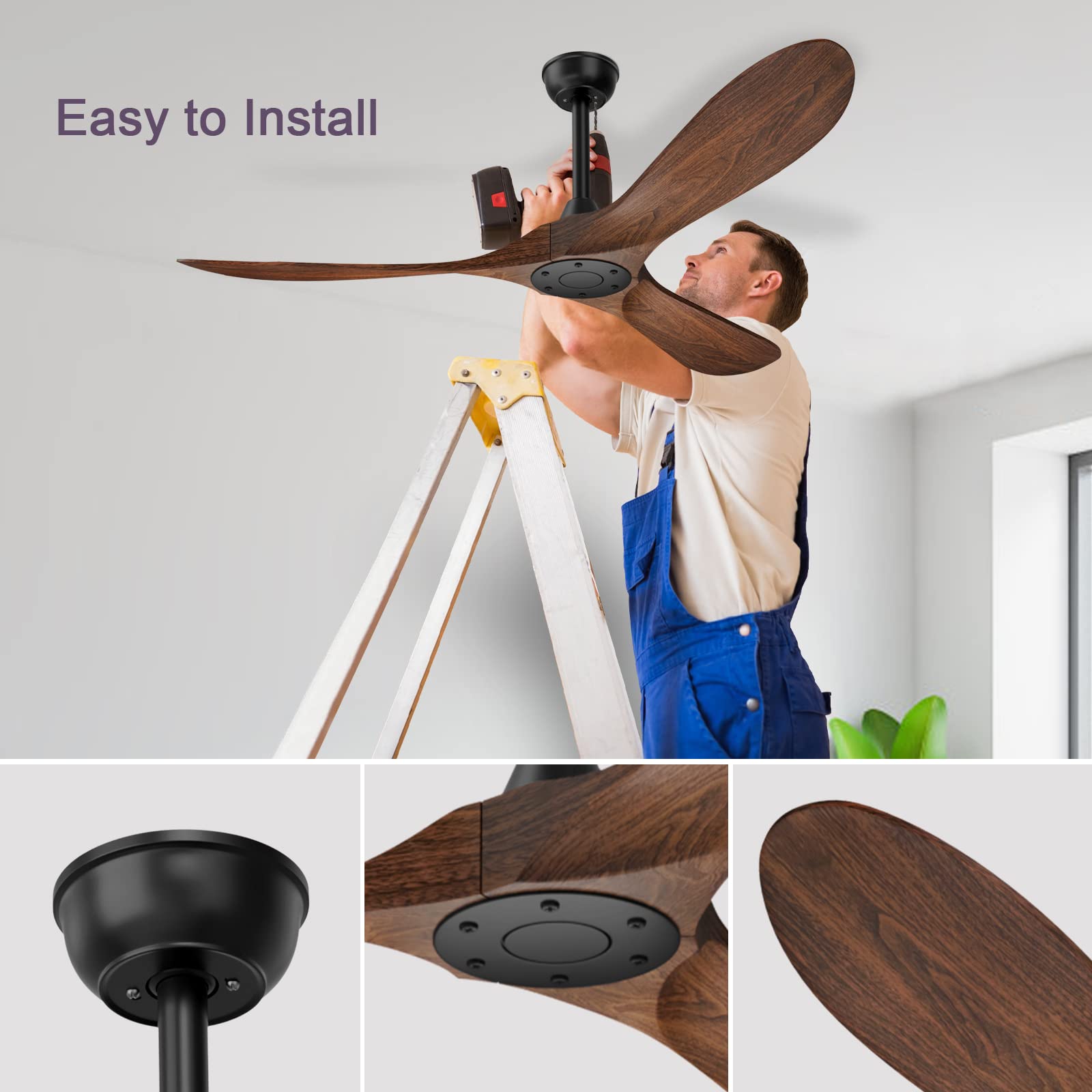 CLUGOJ Black Ceiling Fan, Modern Ceiling Fans with Remote, Indoor/Outdoor Ceiling Fans for Patios Farmhouse Bedroom, 52", Matte Black