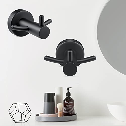 JAAWAN Pack of 2 Matte Black Wall Mounted Towel Hooks for Bathroom Shower Kitchen Cabinet Closet Door, SUS304 Stainless Steel Double Bath Robe Hook