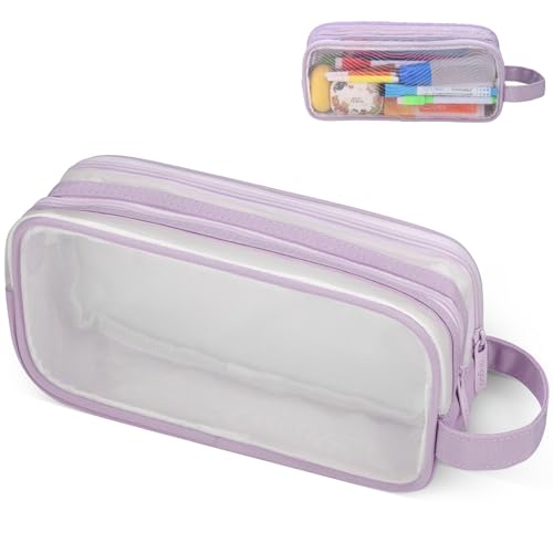 JIANTA Mesh Pencil Case, Large Clear Pen Pouch with Zipper and 2 Compartments, Makeup Cosmetics Bag Stationery Storage Bag for Home, Office, School, Purple