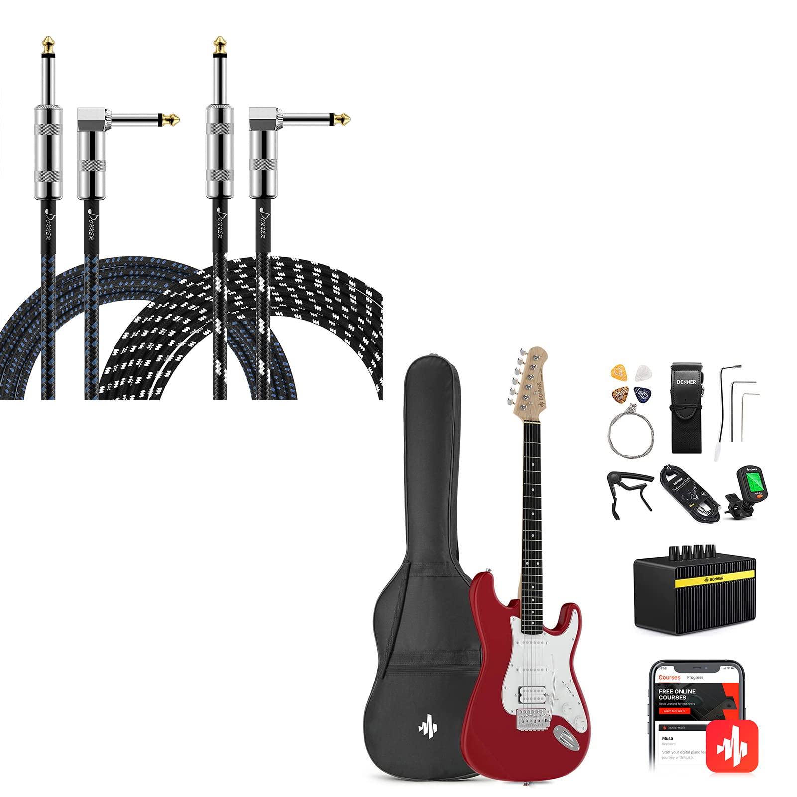 Donner DST-100R 39 Inch Electric Guitar Beginner Kit Solid Body Full Size Red HSS Pick Up for Starter & Donner Guitar Cable 10 ft 2 Pack