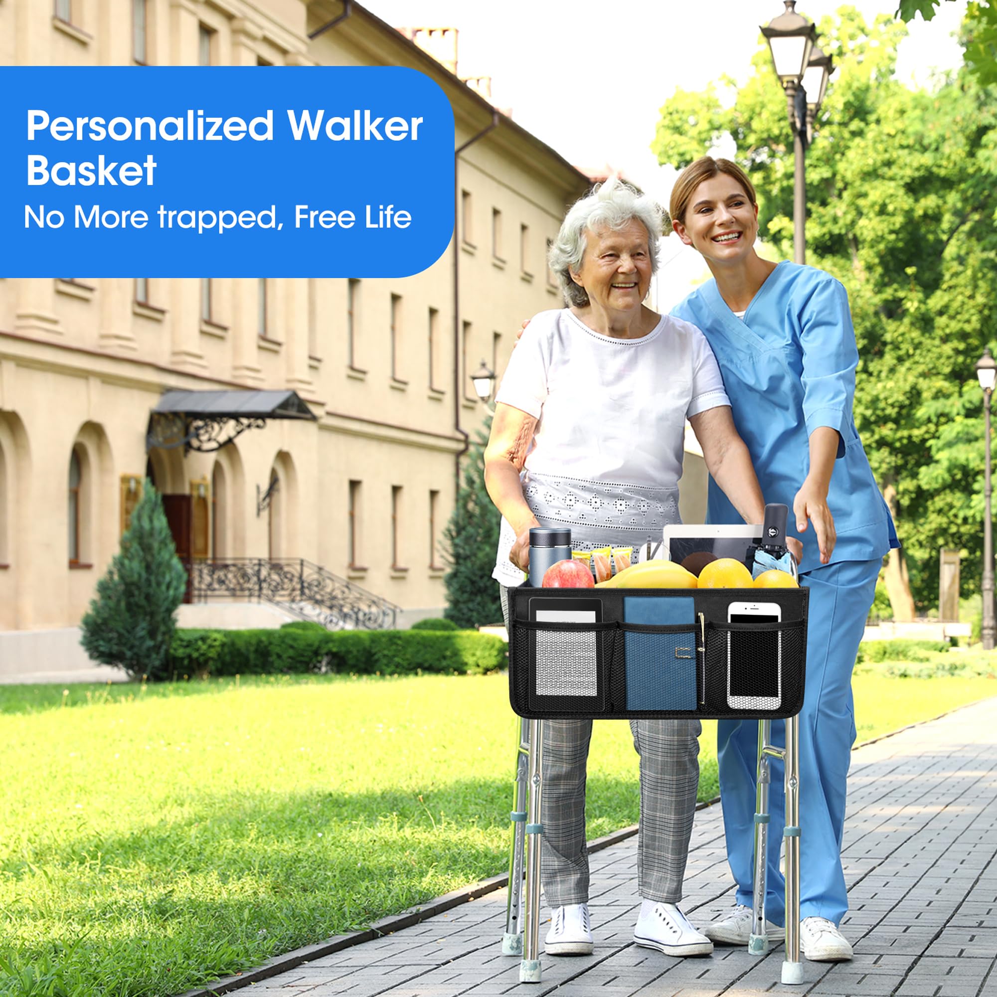 Upgrade Dotday Walker Basket Walker Bag Water Cup Holder, Foldable Walker Storage Bag with Big Capacity & Never Tipping Over, Best Gift for Family - Black (Not Fit Rollator Walkers)