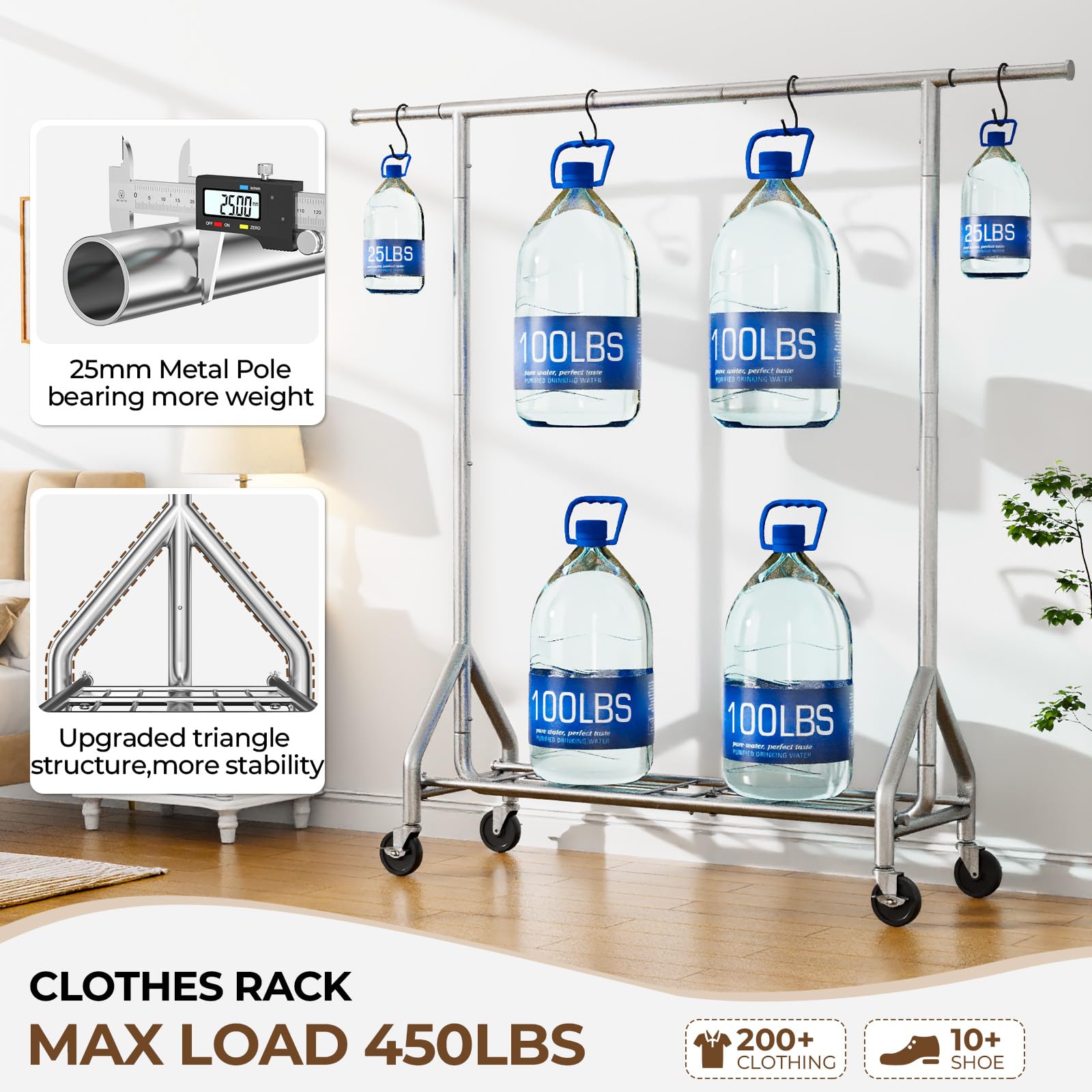 HYSEYY Heavy Duty Clothes Rack Load 450 LBS, Metal Garment Rack, Standing Rolling Clothing Rack for Hanging Clothes with Sturdy Wheels & Shelves, Portable Closet Wardrobe Rack,Sliver