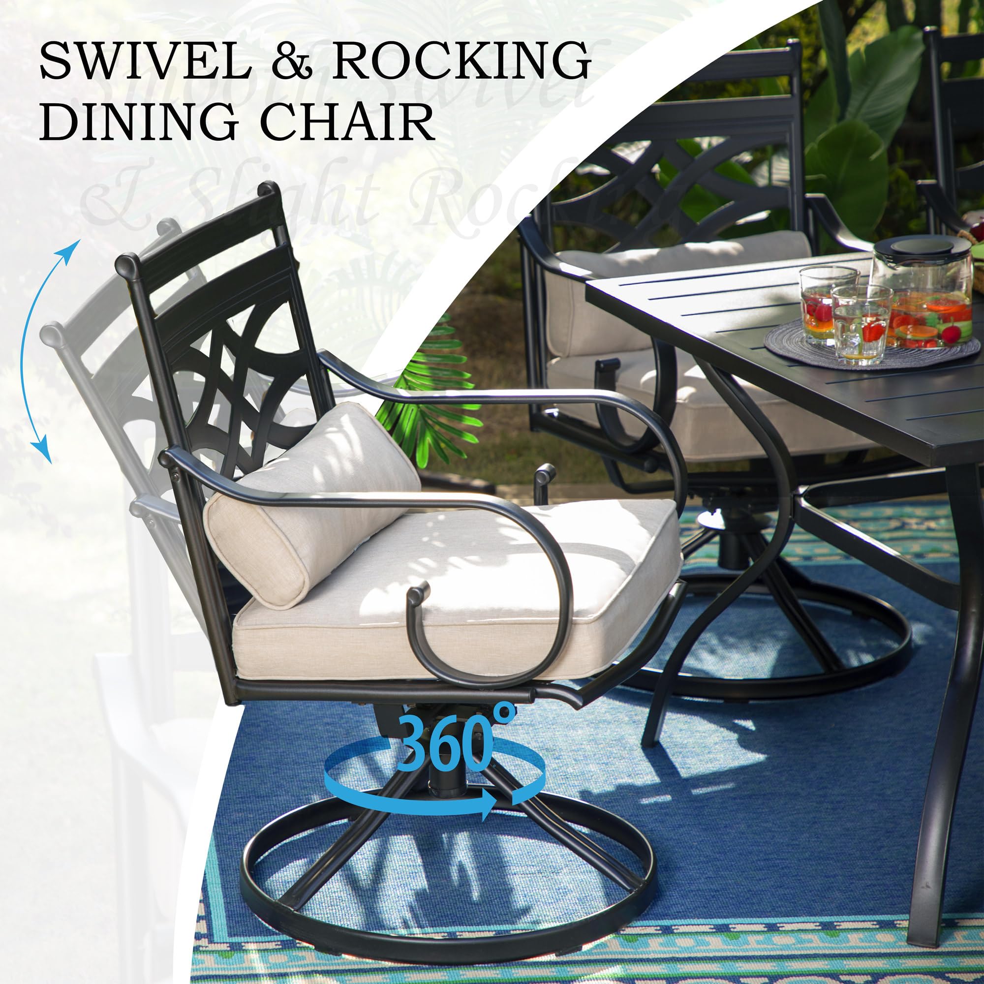 MFSTUDIO 6 Pieces Patio Umbrella Dining Sets with 4 Swivel Chairs, 1 Square Table and 1 x 9 Ft Beige Umbrella (Base Not Included), All Weather Heavy Duty Black Frame, Outdoor Furniture for 4