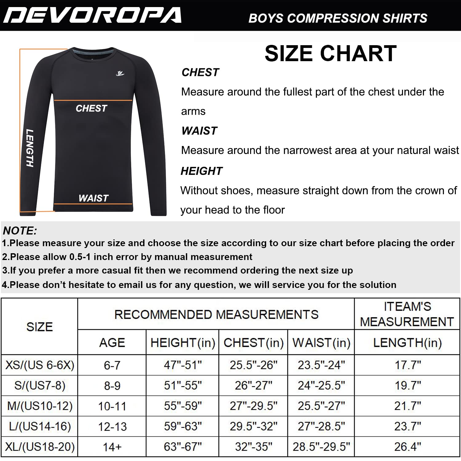 DEVOROPA Youth Boys Compression Shirt Long Sleeve Football Baseball Undershirt Quick Dry Sports Baselayer Red M