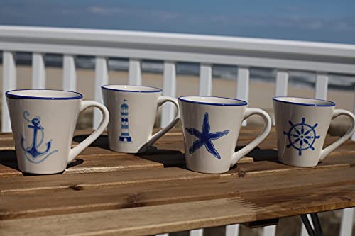 Euro Ceramica Ahoy Collection Nautical Ceramic Coffee/Tea Mugs, 13.5oz, Set of 4, Assorted Designs, Blue & White