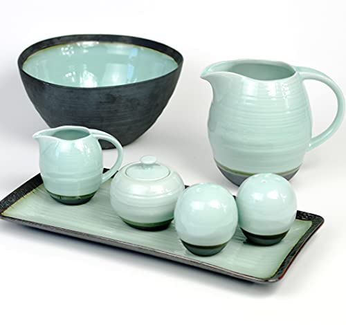 Euro Ceramica Diana 9" Serving Bowl, 8.94 x 8.66 x 4.72, Mint Green/Graphic Grey