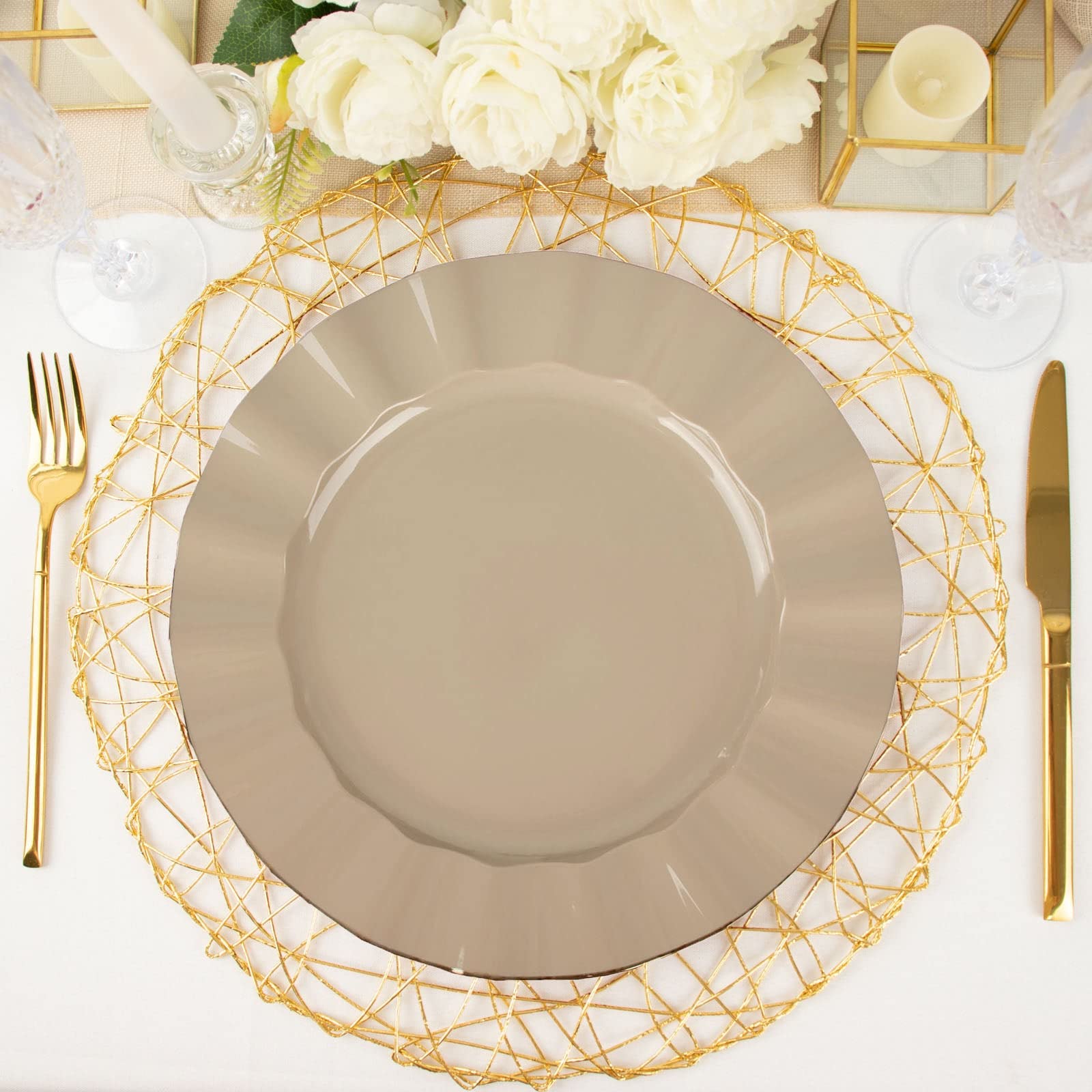 Efavormart 10 Pack | 11" Taupe Large Hard Plastic Dinner Plates With Gold Wavy Rim, Heavy Duty Disposable Dinnerware