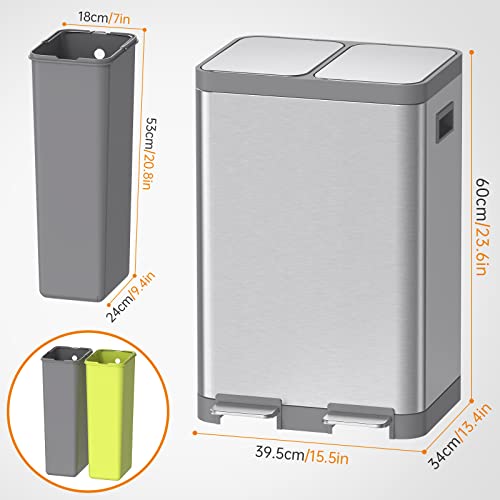Mbillion Trash Can 5.3+5.3Gal, Kitchen Garbage Can with 2 Compartments,Large Stainless Steel Recycle Trash Can with 2 Removable Plastic Inner Buckets, Quiet Close Step Trash Can(20+20L Silver)