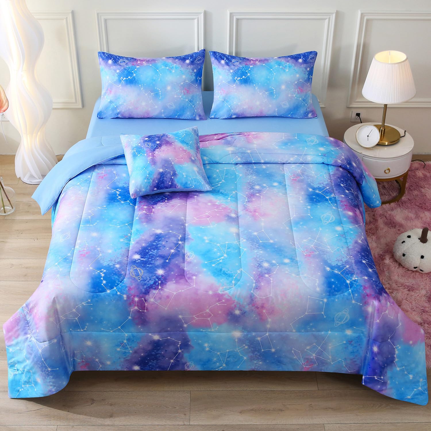 Keyroal Galaxy Constellation Print Comforter Set Twin Size Girls Gradient Bedding Set,6 Piece Bed in a Bag with Sheet Bedding Gift for Kids(Blue)
