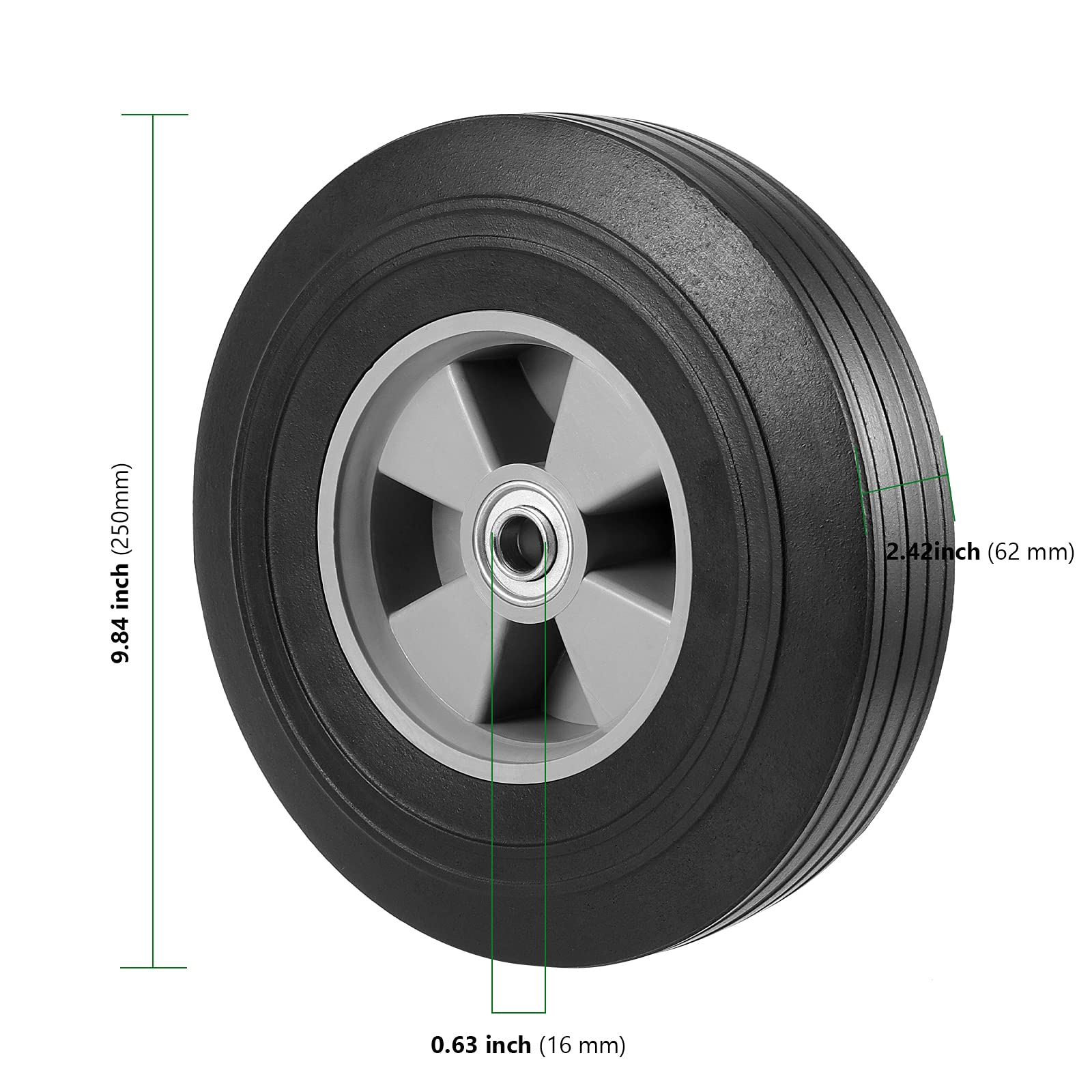 HAKZEON 2 PCS 10 Inch Solid Rubber Hand Truck Wheels,Utility Rubber Replacement Tires with 5/8 Inch Axle Hole, Heavy Duty Airless for Hand Truck, Wagons, Cart, 330lbs Loading Capacity
