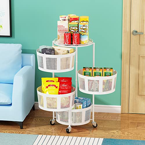 STYLIFING 4 Tier Rotating Shelf with Lockable Wheels, Storage Cart for Vegetable Fruits Metal Household Organizer Corner Shelf for Kitchen Living Room Bathroom, White