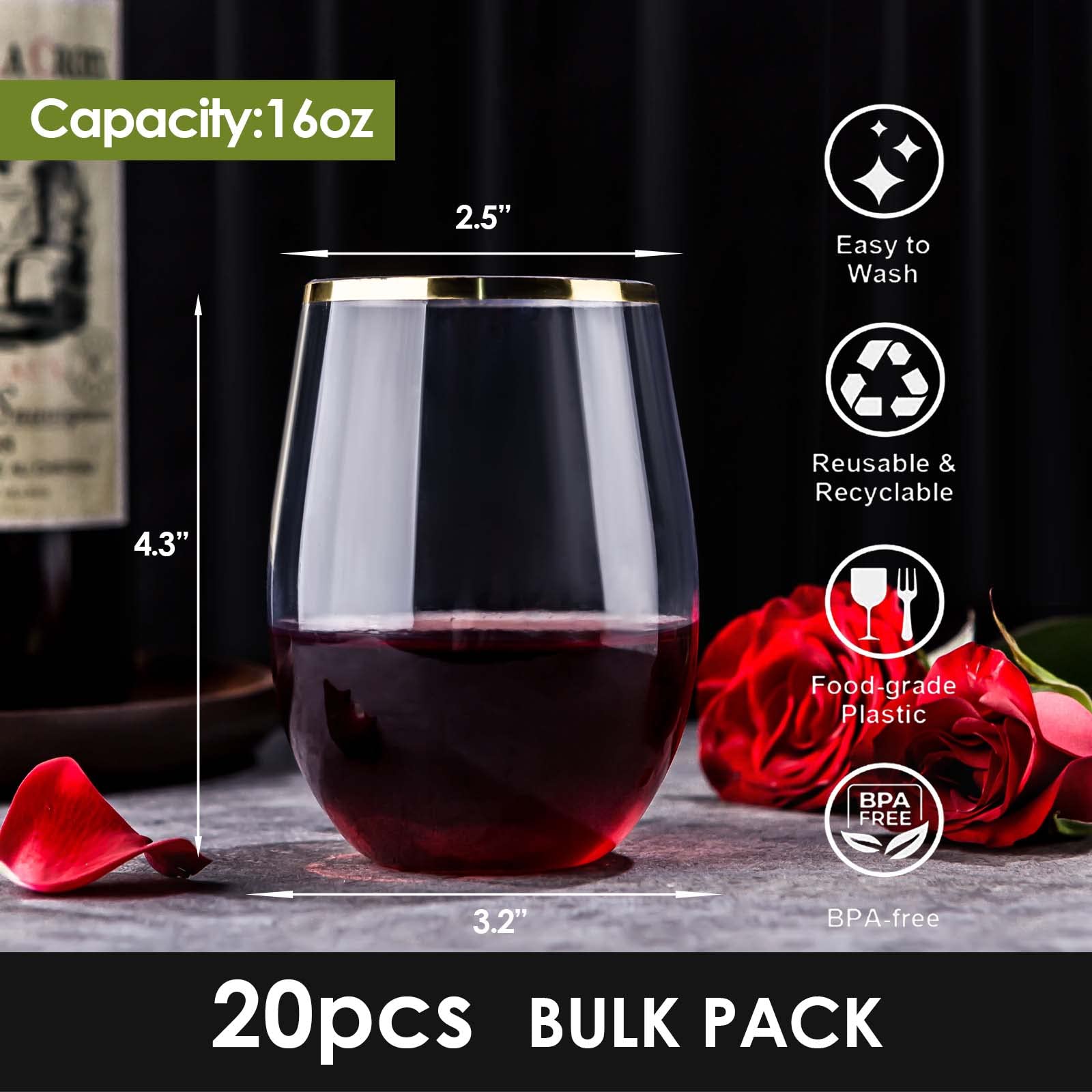 eventpartener 20 Pack Disposable Stemless Wine Glasses, 16 OZ Plastic Wine Cups, Gold Rim Unbreakable Wine Glasses, Whiskey Cocktail Glasses, Shatterproof Clear Drinking Glasses for Party, Wedding