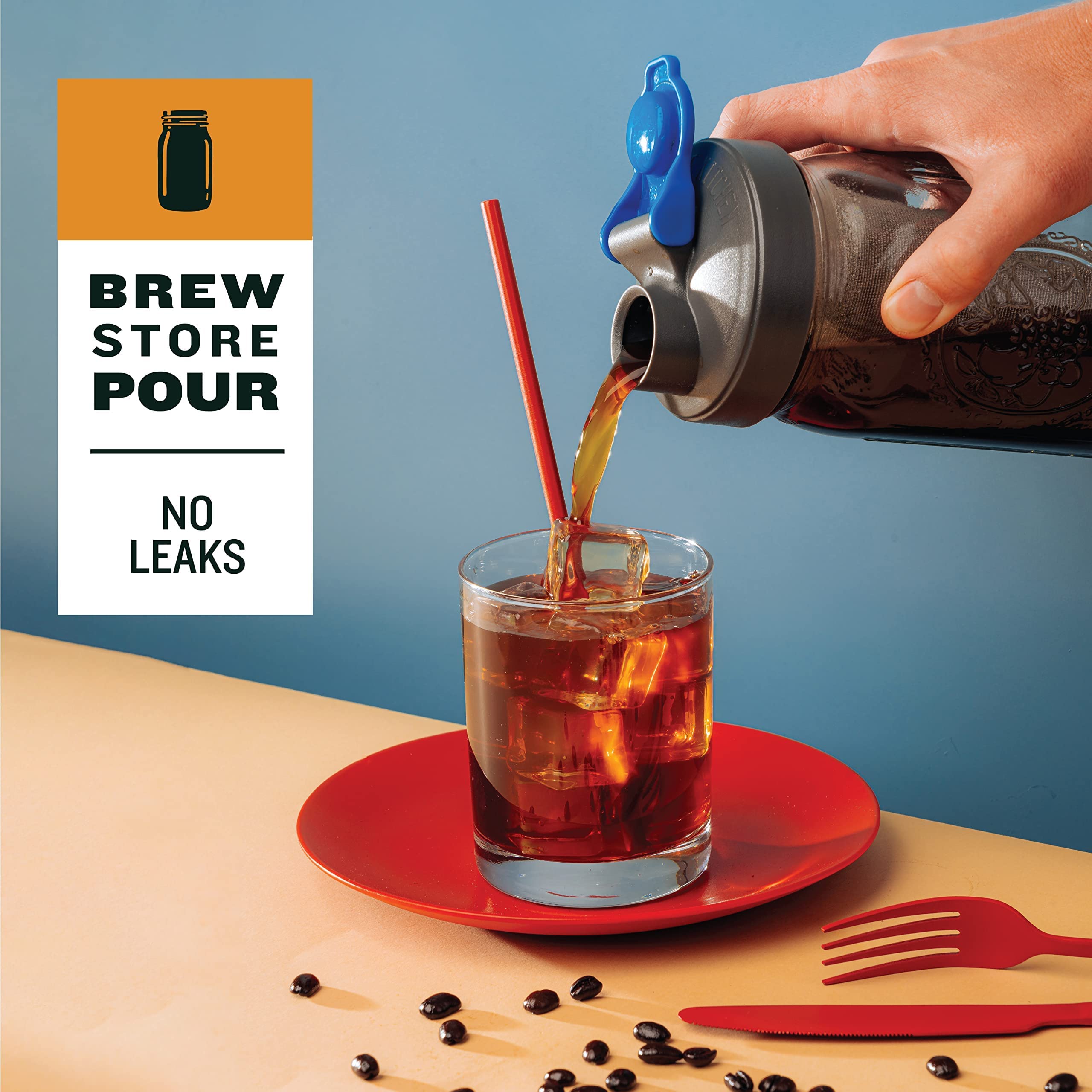 County Line Kitchen Cold Brew Coffee Maker, Mason Jar Pitcher - Heavy Duty Soda Lime Glass w/Stainless Steel Mesh Filter & Flip Cap Lid - Iced Tea & Coffee - 1 Qt (32 Oz), Gray/Blue Handle