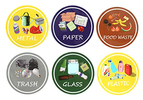 Set 6 Recycle Sticker for Trash Can Bins, Waterproof Anti-UV Strong Adhesive, Signs Decals Paper Glass Plastic Metal Trash Food Waste - Diam. 3.86"
